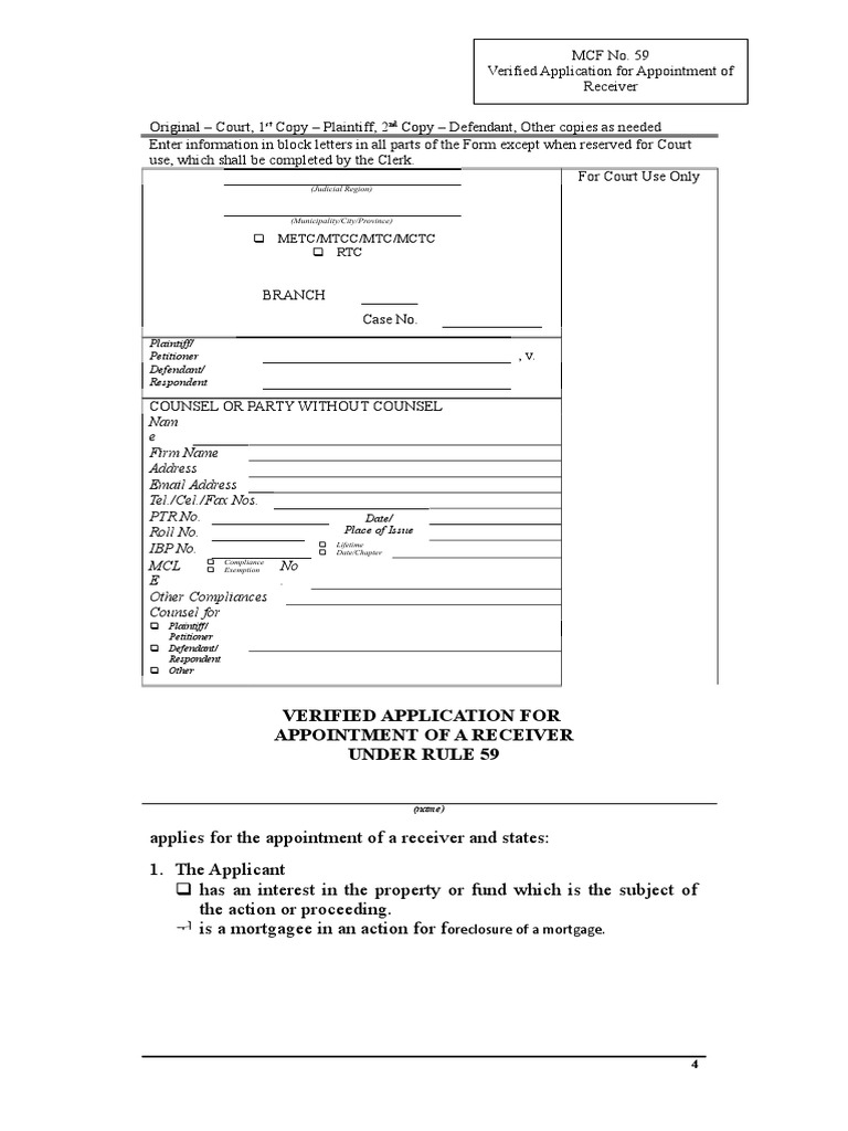 MCF 59 Verified Application for Appointment of Receiver | Mortgage Law ...