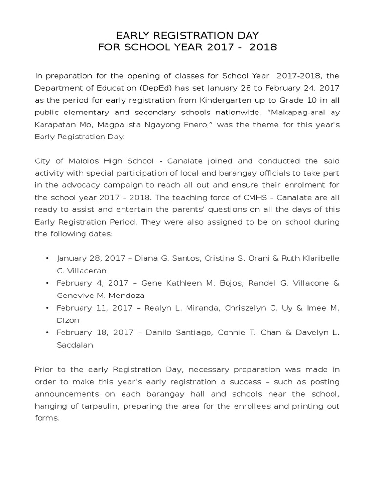 Narrative Early Registration | PDF | Schools | Quality Of Life