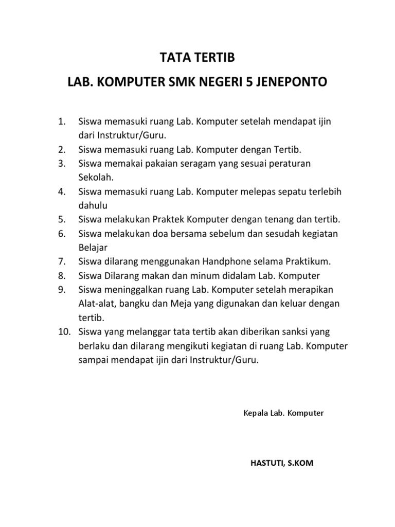 Tata Tertib Lab Komputer SMK | PDF