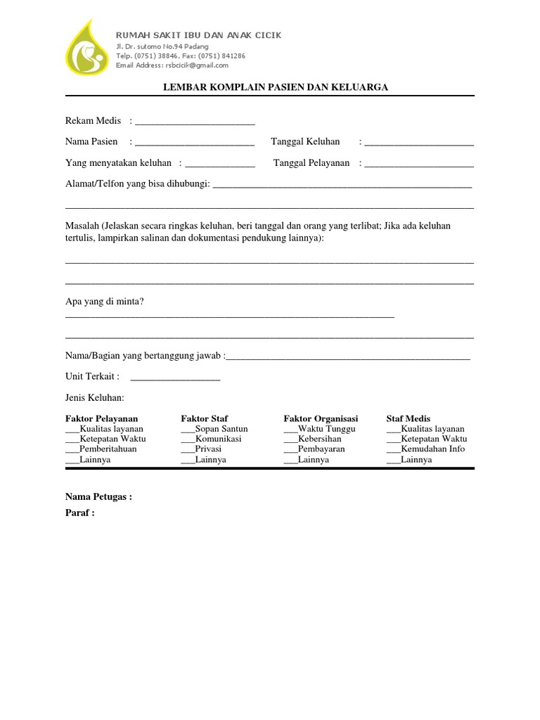 Lembar Komplain Pasien | PDF