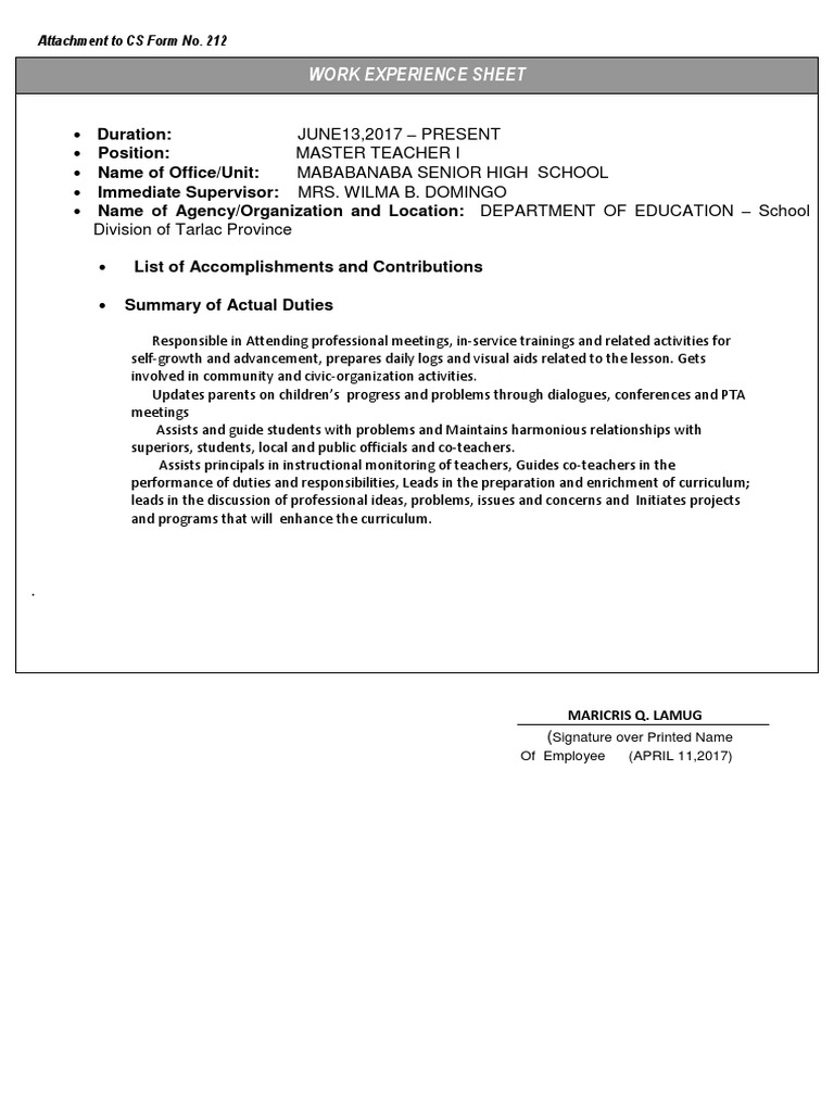 CS Form No. 212 Attachment Work Experience Sheet | Education Theory ...