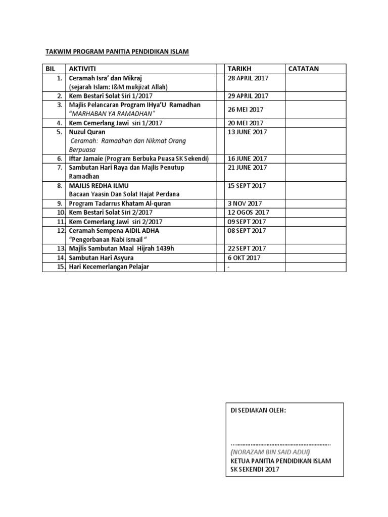 Takwim Program Panitia Pendidikan Islam | PDF