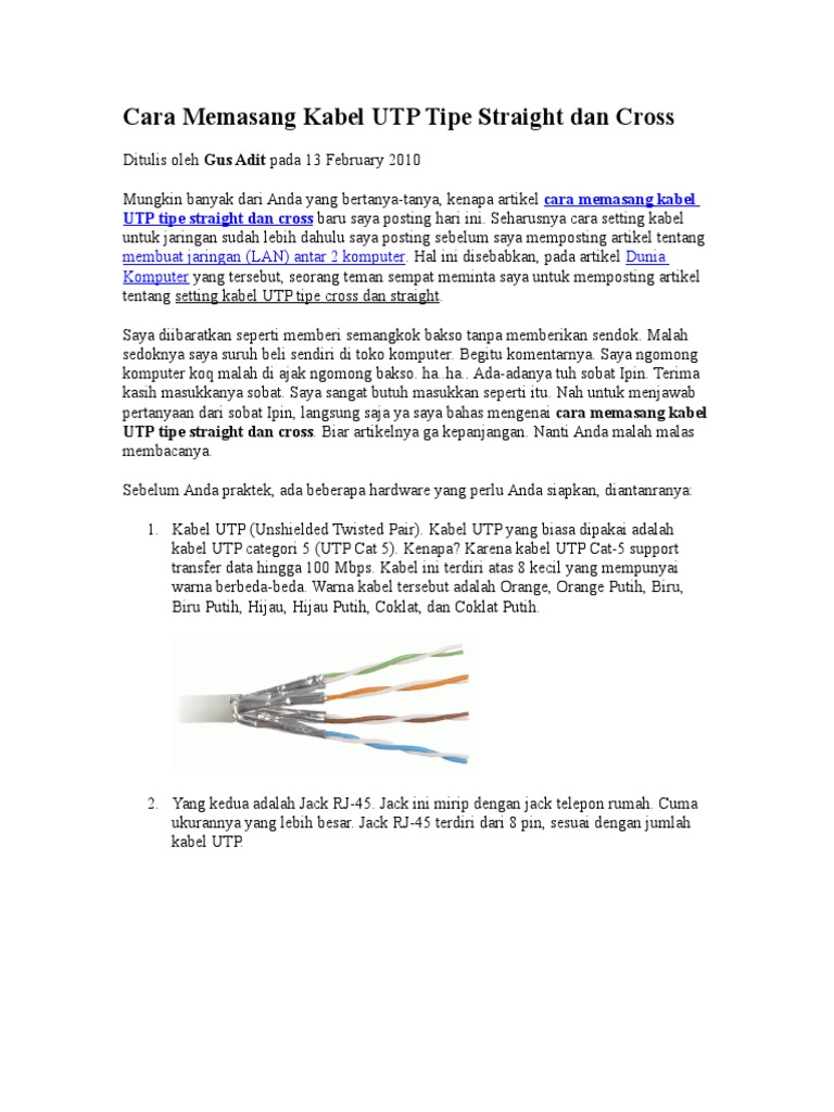 Cara Memasang Kabel UTP Tipe Straight Dan Cross | PDF