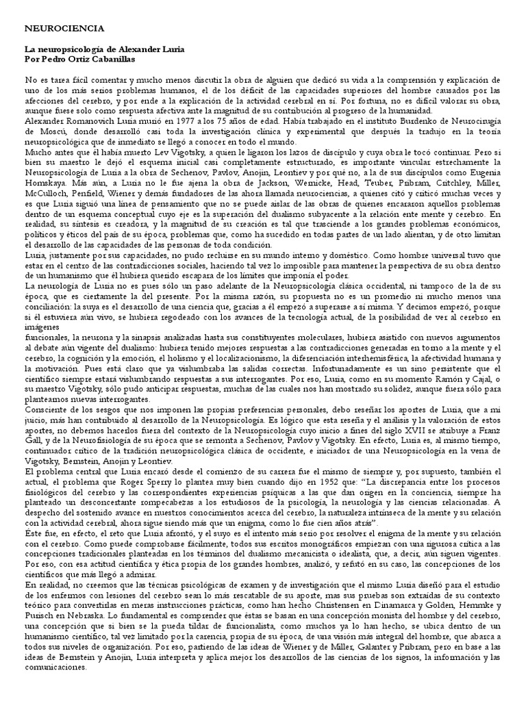 Neuropsicología según Alexander Luria | PDF | Neuropsicología | Cerebro