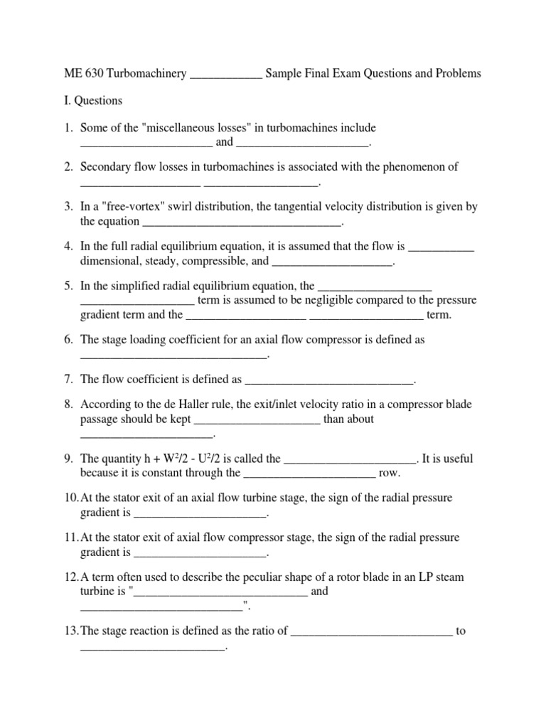 Turbomachinery Exam Study and Practice Questions | PDF | Turbomachinery ...