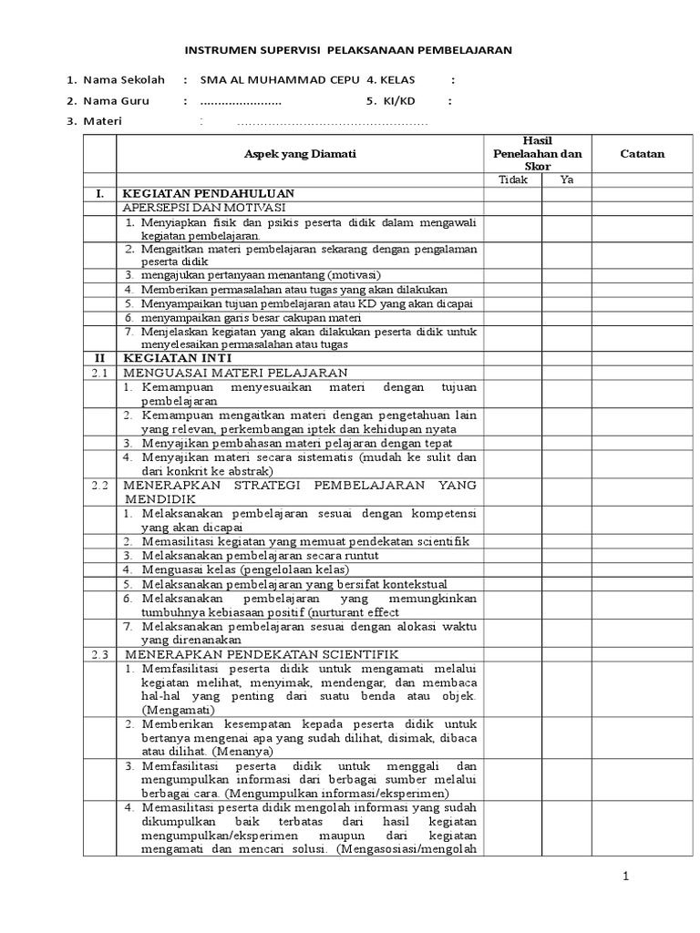 Instrumen Supervisi Pelaksanaan Pembelajaran | PDF