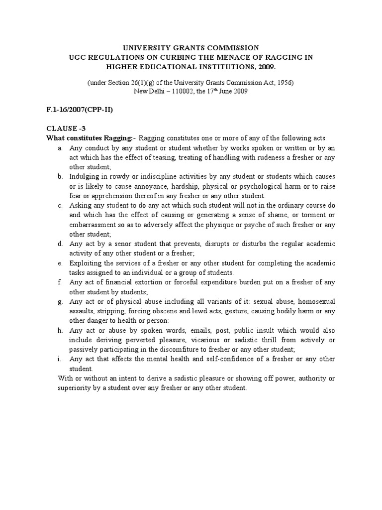 UGC Regulations on Ragging in Colleges | PDF