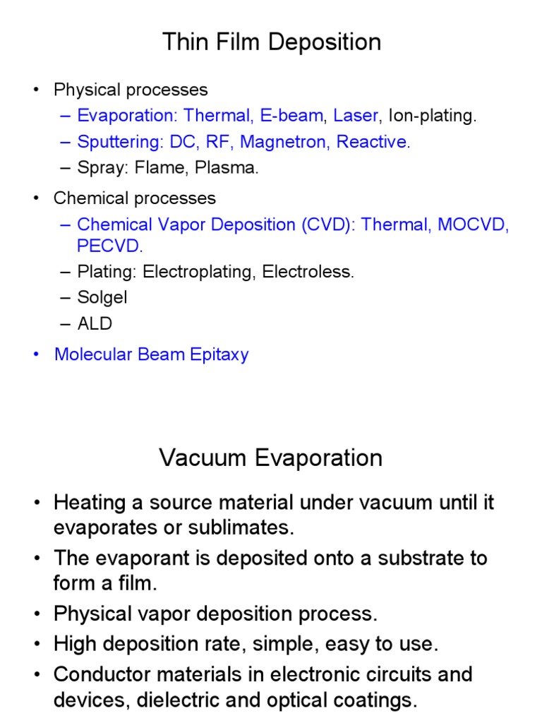Thin Film Deposition Techniques | PDF | Sputtering | Thin Film