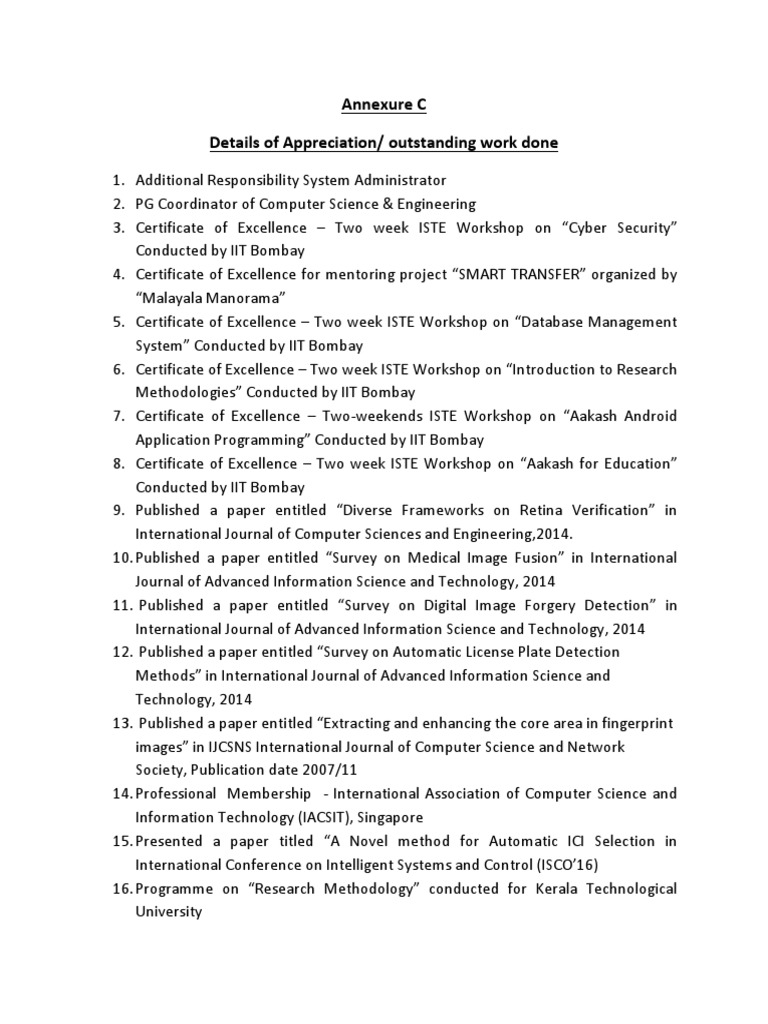Annexure C Details of Appreciation/ Outstanding Work Done | PDF | Computer Science | Information ...