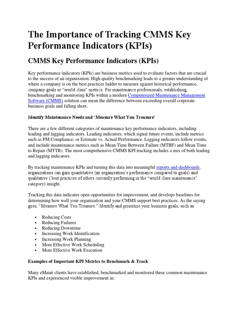 Tracking CMMS KPIs for Maintenance Success | PDF | Performance ...