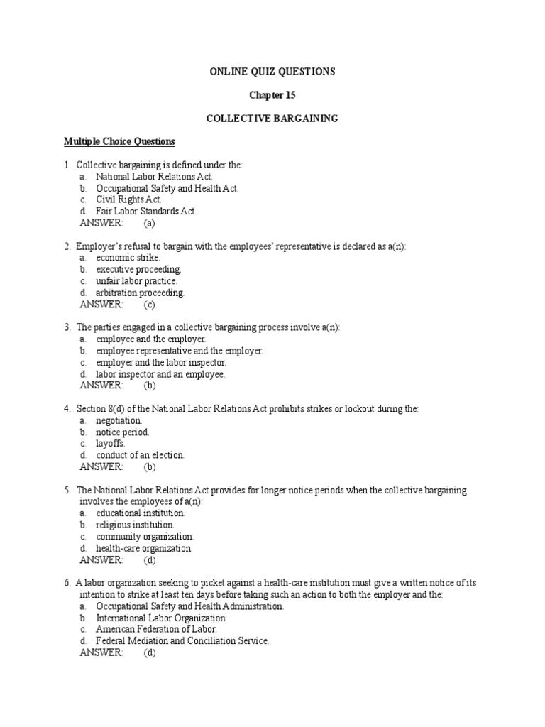 Online Quiz Questions Collective Bargaining Multiple Choice Questions ...