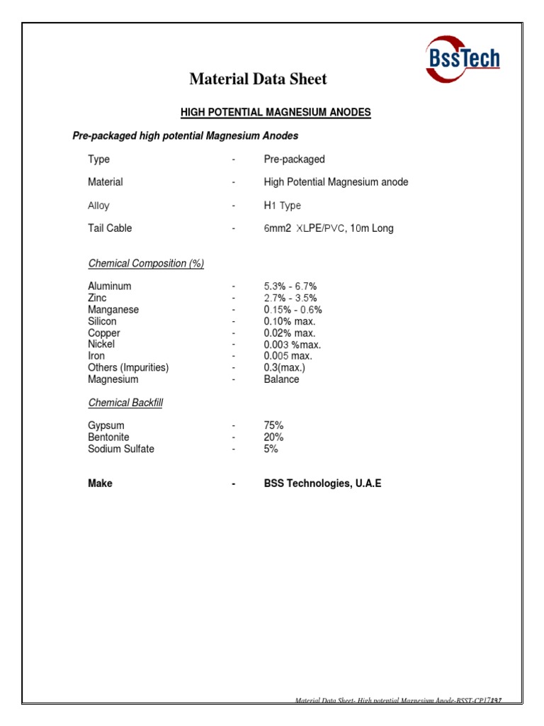 Prepackaged Magnesium Anode - MDS | PDF