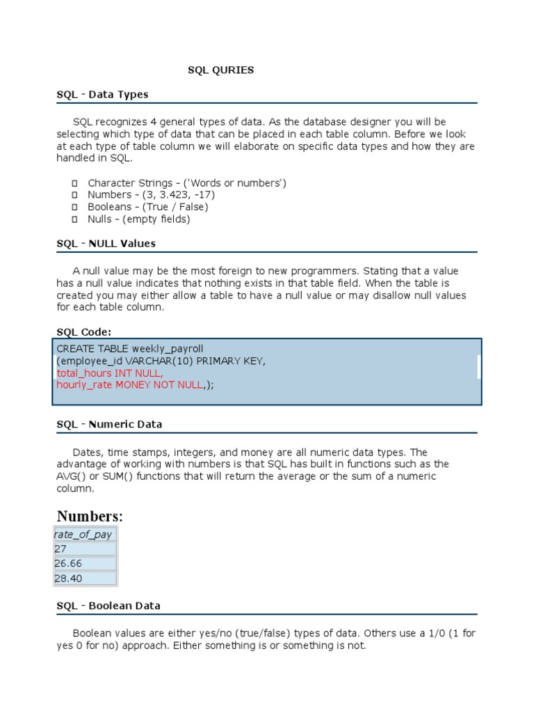 Numbers:: SQL Quries SQL - Data Types | PDF | Sql | Boolean Data Type