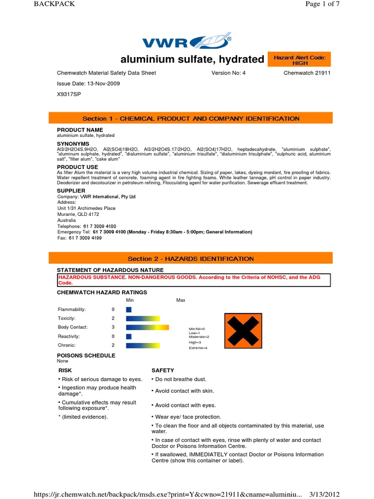 Aluminium Sulfate, Hydrated 7784-31-8 MSDS | PDF | Dangerous Goods ...