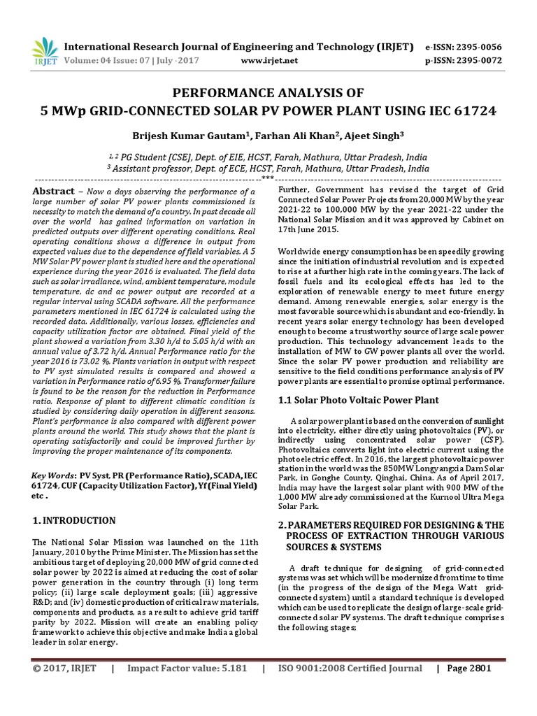 Performance Analysis of 5 MWP Grid-Connected Solar PV Power Plant Using ...