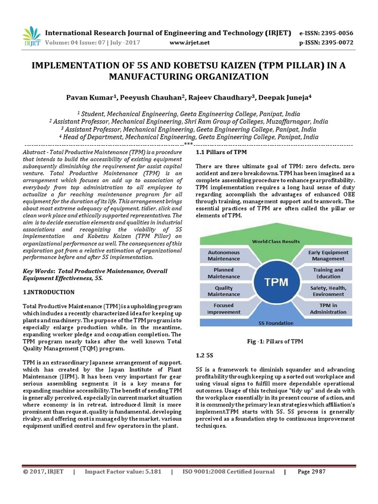 Implementation of 5S and KOBETSU KAIZEN (TPM Pillar) in A Manufacturing Organization | PDF ...
