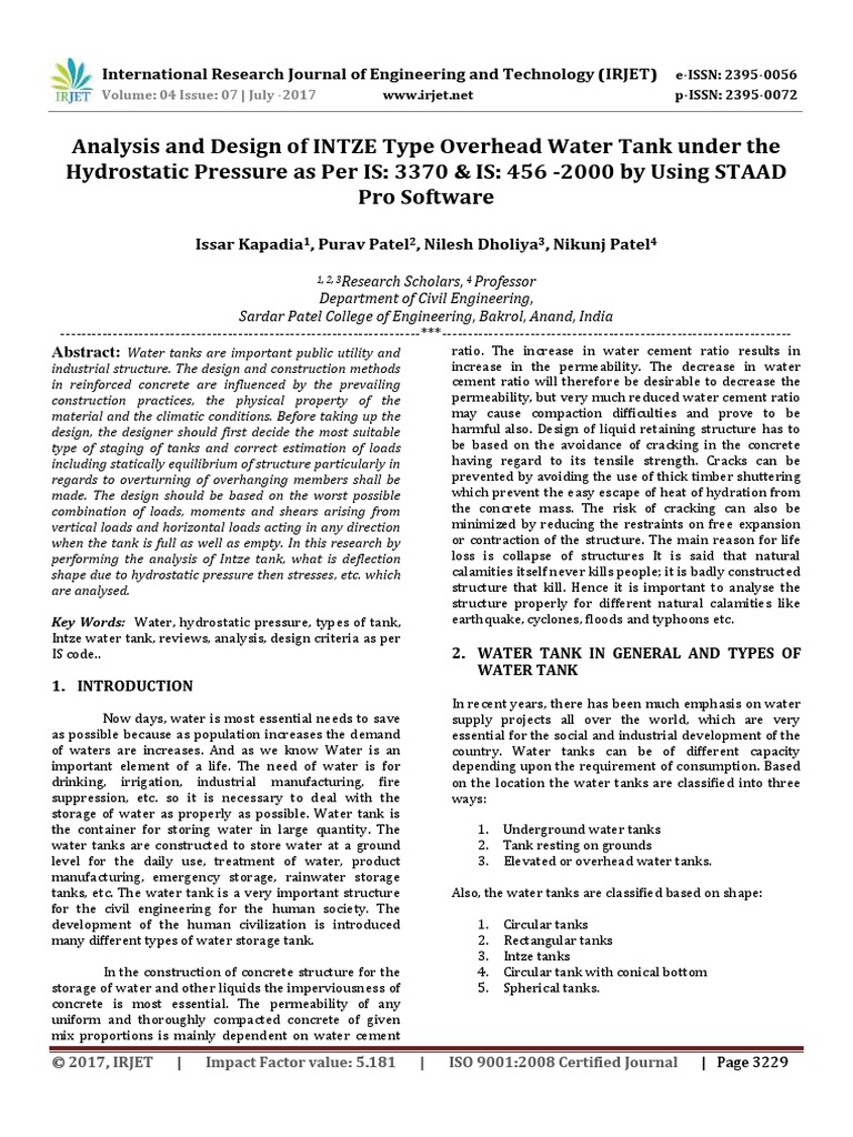 Analysis and Design of INTZE Type Overhead Water Tank Under The ...