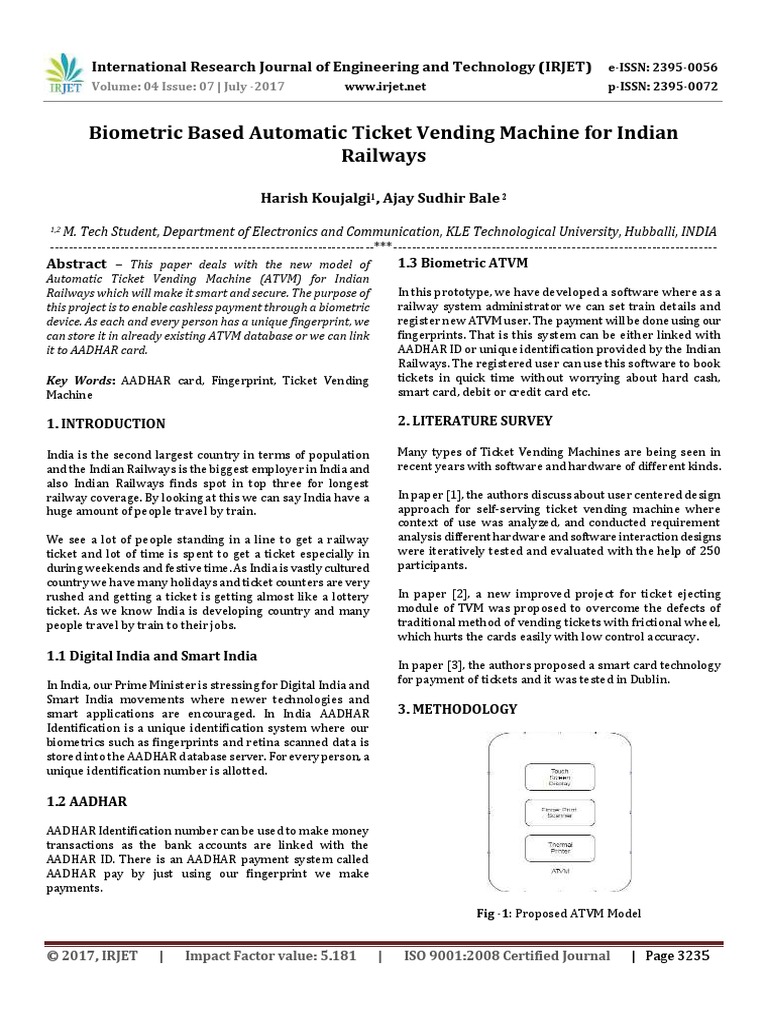 Biometric Based Automatic Ticket Vending Machine For Indian Railways ...