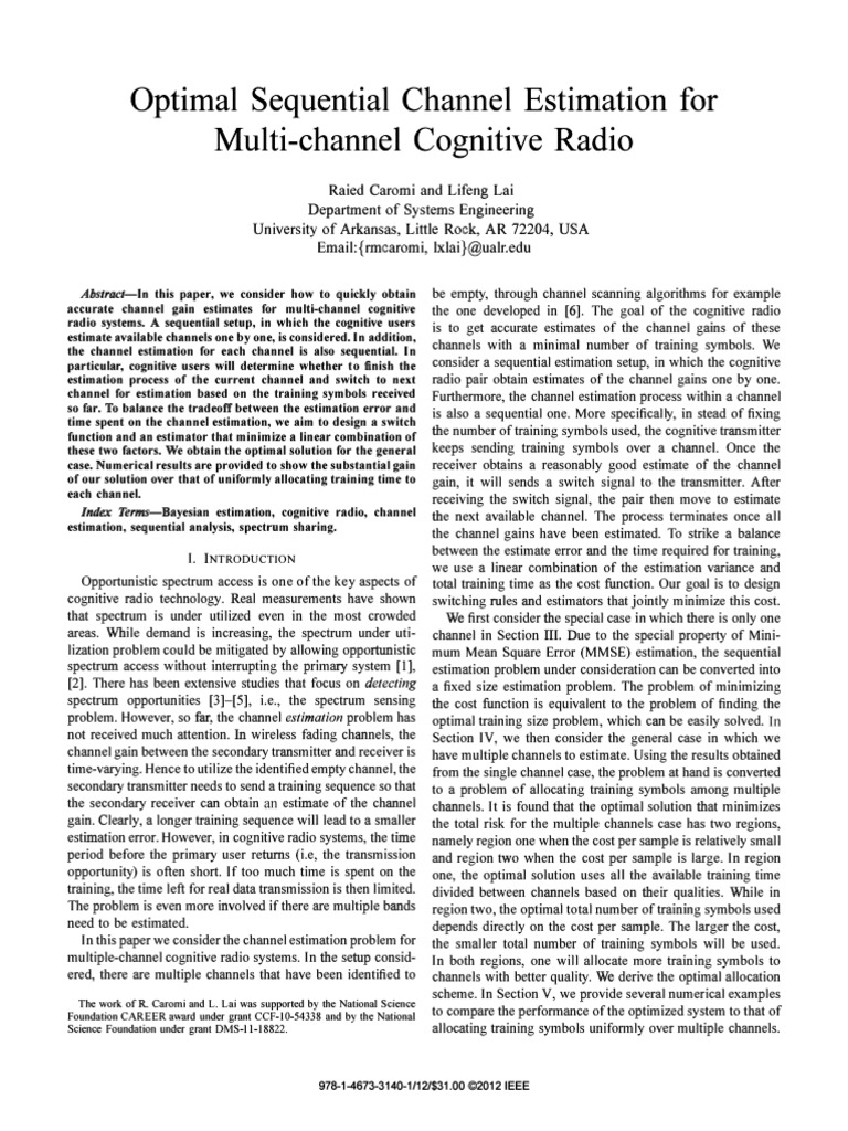 Optimal Sequential Channel Estimation For Multi-Channel Cognitive Radio | PDF | Cognitive Radio ...