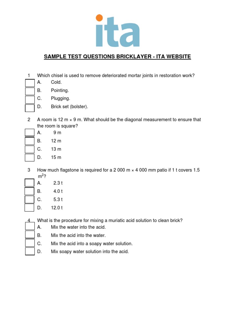 Bricklayer Practice Exam | PDF | Masonry | Wall