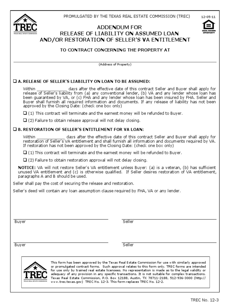 Addendum For Release of Liability On Assumed Loan And/Or Restoration of ...