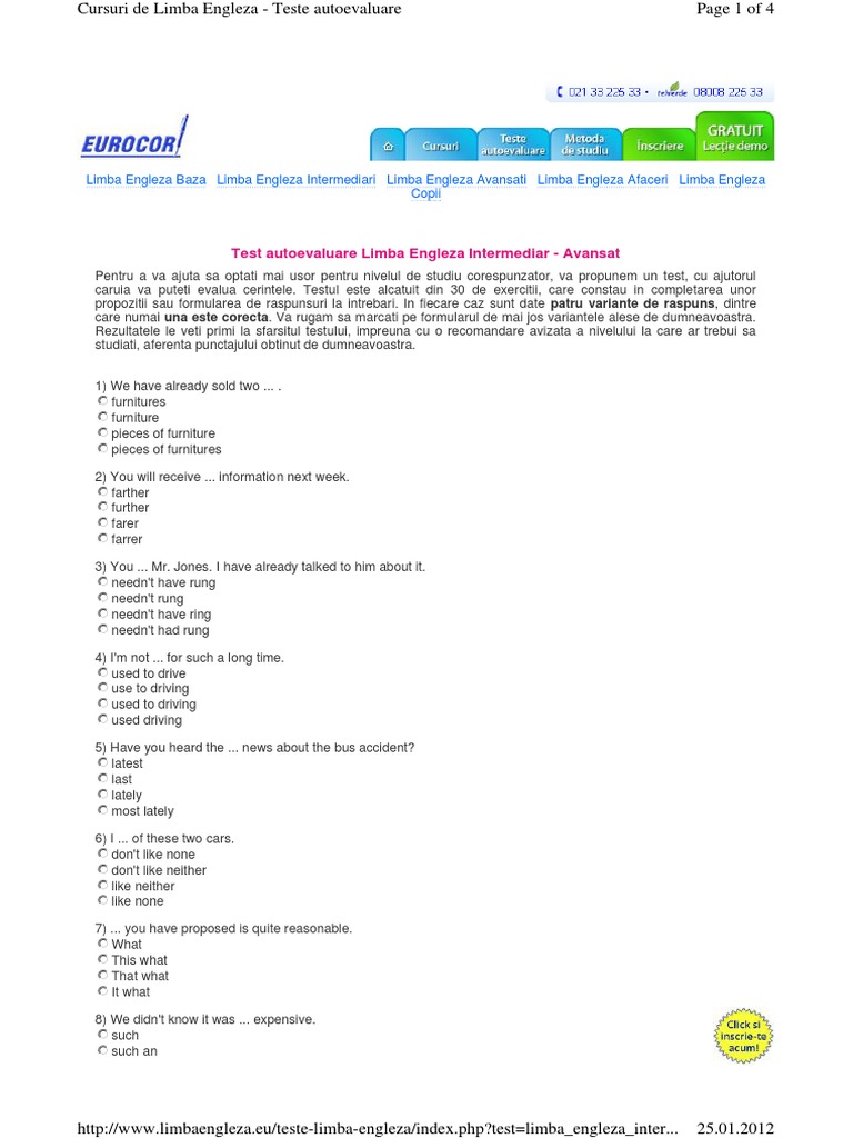 Test Autoevaluare Limba Engleza Intermediar - Avansat | PDF