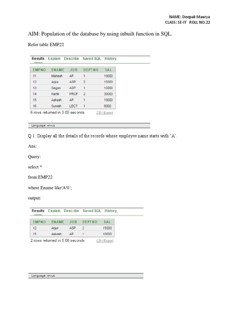 Aim: Population of The Database by Using Inbuilt Function in SQL | PDF ...