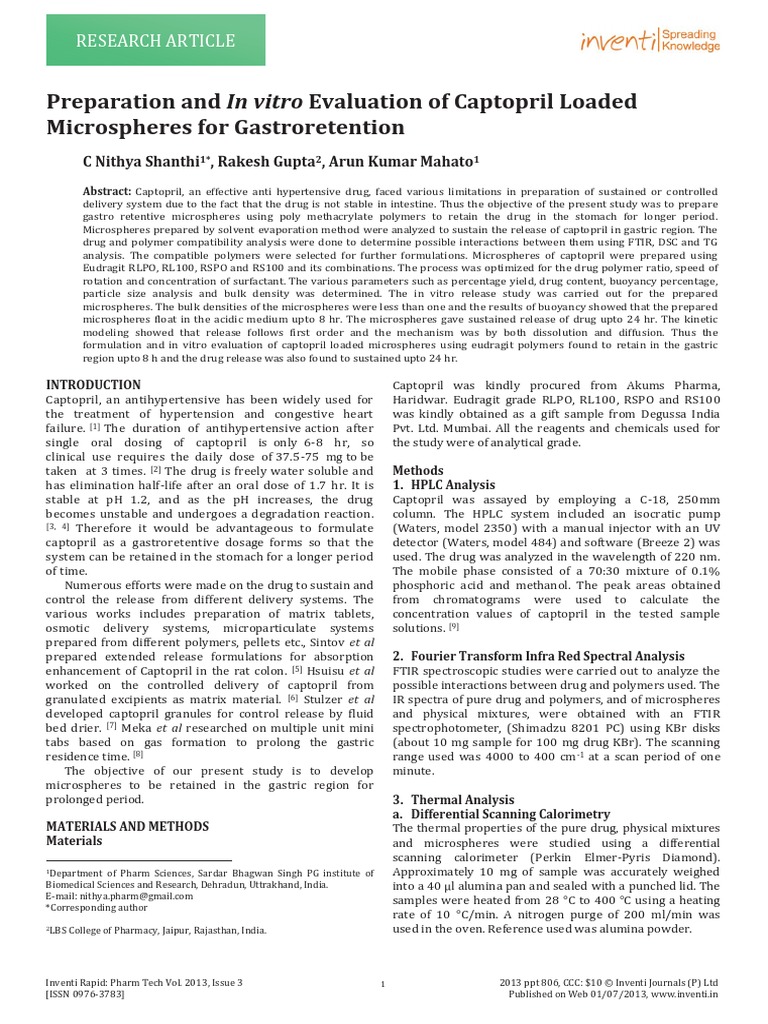 Preparation And In Vitro Evaluation Of Captopril Loaded Microspheres For Gastroretention Pdf