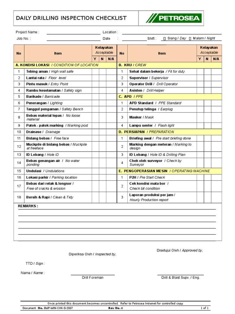 BMP MIN CHK G 2007 Daily Drilling Inspection | PDF