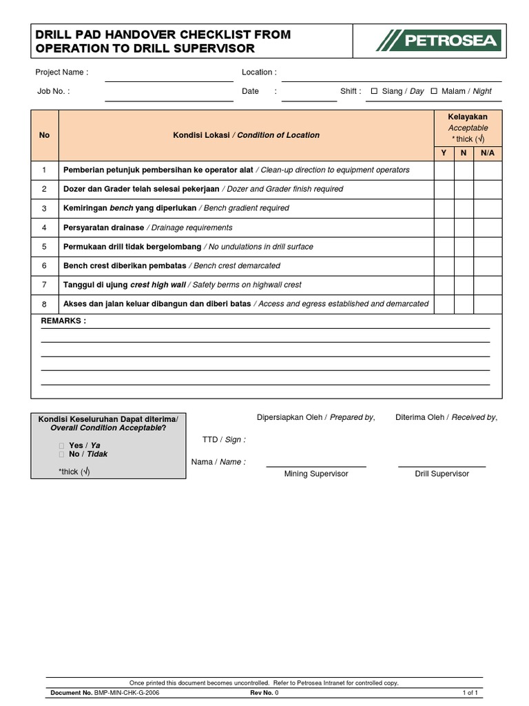 Drill Pad Handover Checklist From Operation To Drill Supervisor | PDF