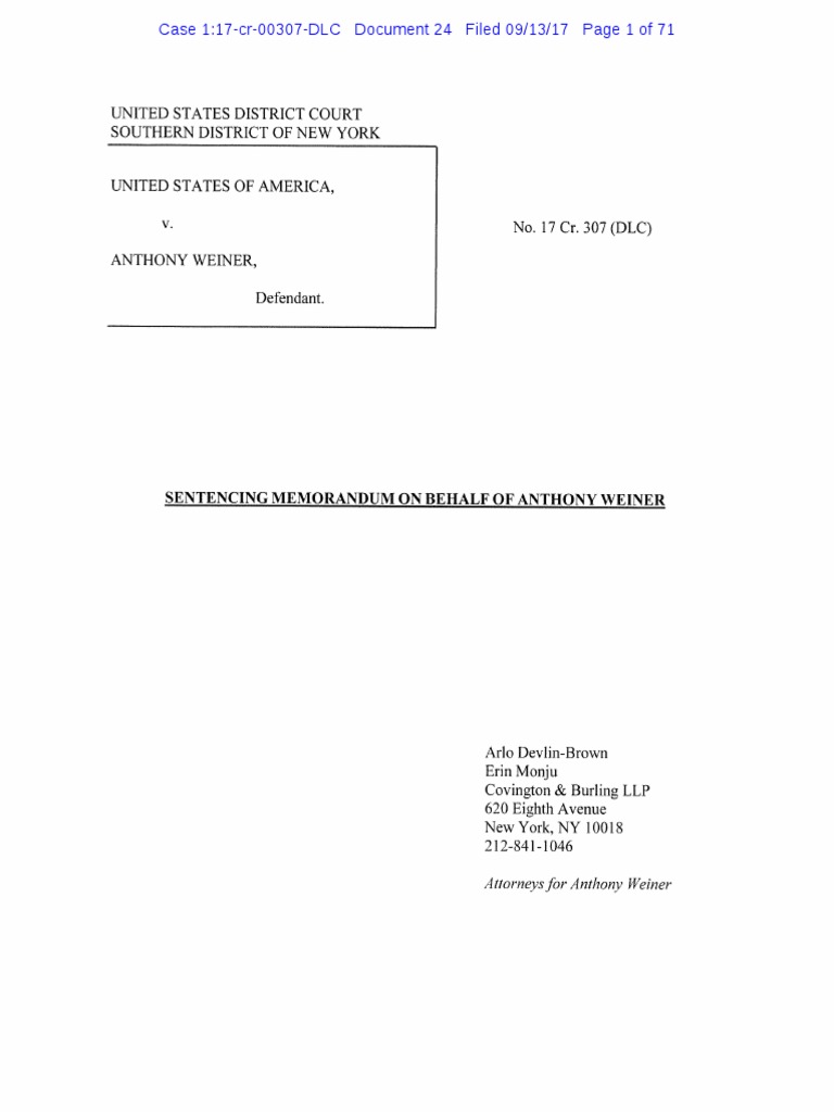 Weiner Defense Sentencing Memo | PDF | Psychotherapy | Sentence (Law)