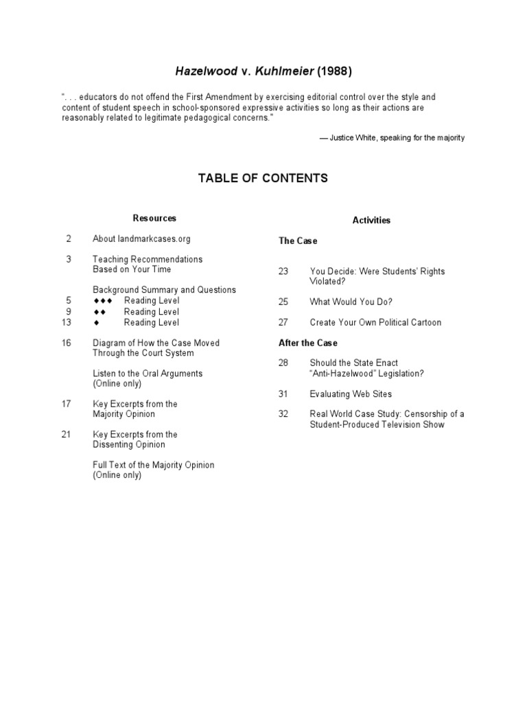 Hazelwood v. Kuhlmeier (1988) : Resources Activities The Case | PDF ...