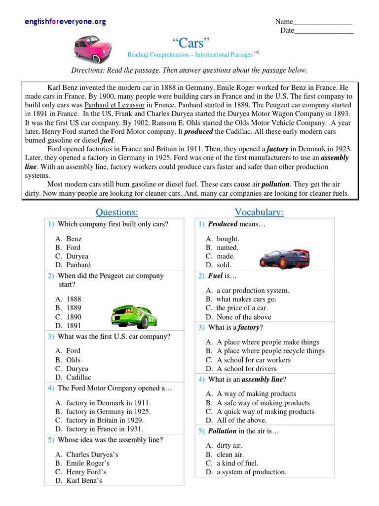Cars Reading Comprehension | PDF | Car | Vehicle Technology