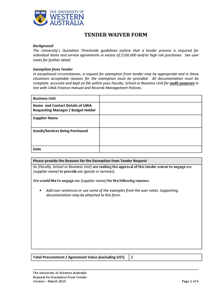 Tender Waiver Form 2015 | Procurement | Insurance