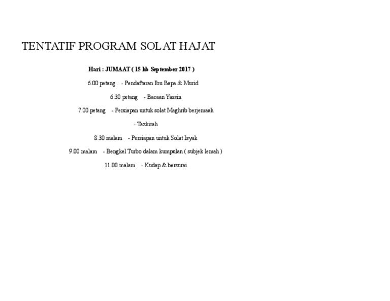 CONTOH TENTATIF PROGRAM Solat Hajat 2017 | PDF