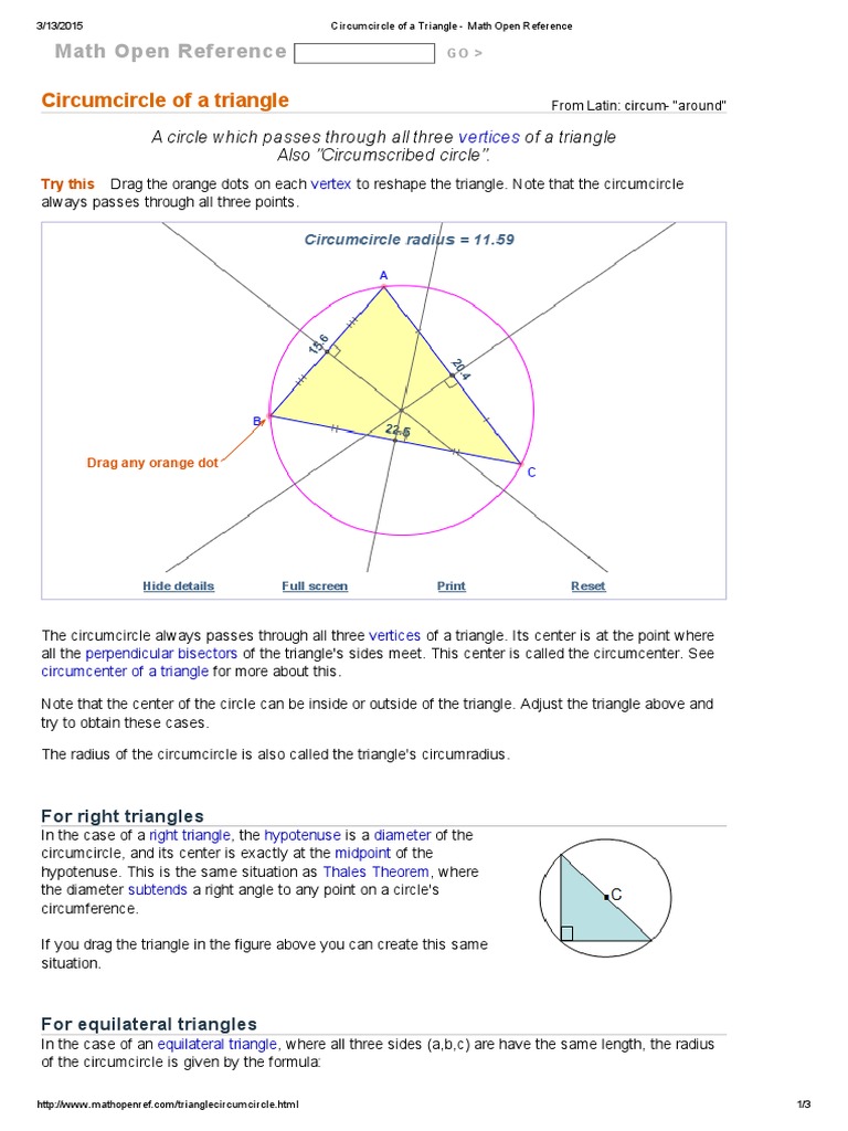Circumcircle of A Triangle - Math Open Reference | PDF | Triangle | Circle