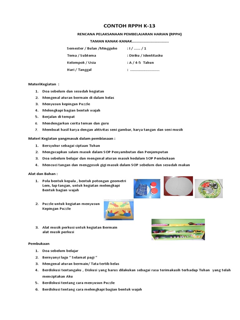 Contoh RPPH PAUD Tema Diriku | PDF | Karier & Perkembangan | Seni ...
