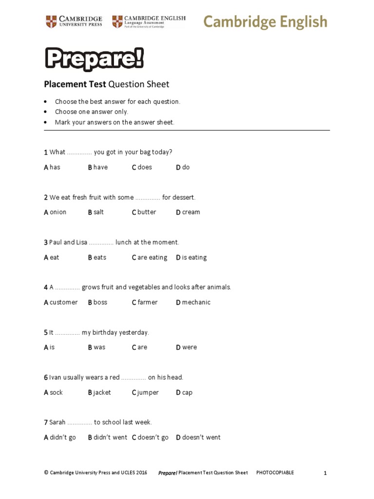 Prepare! Placement Test Student Question Sheet | PDF