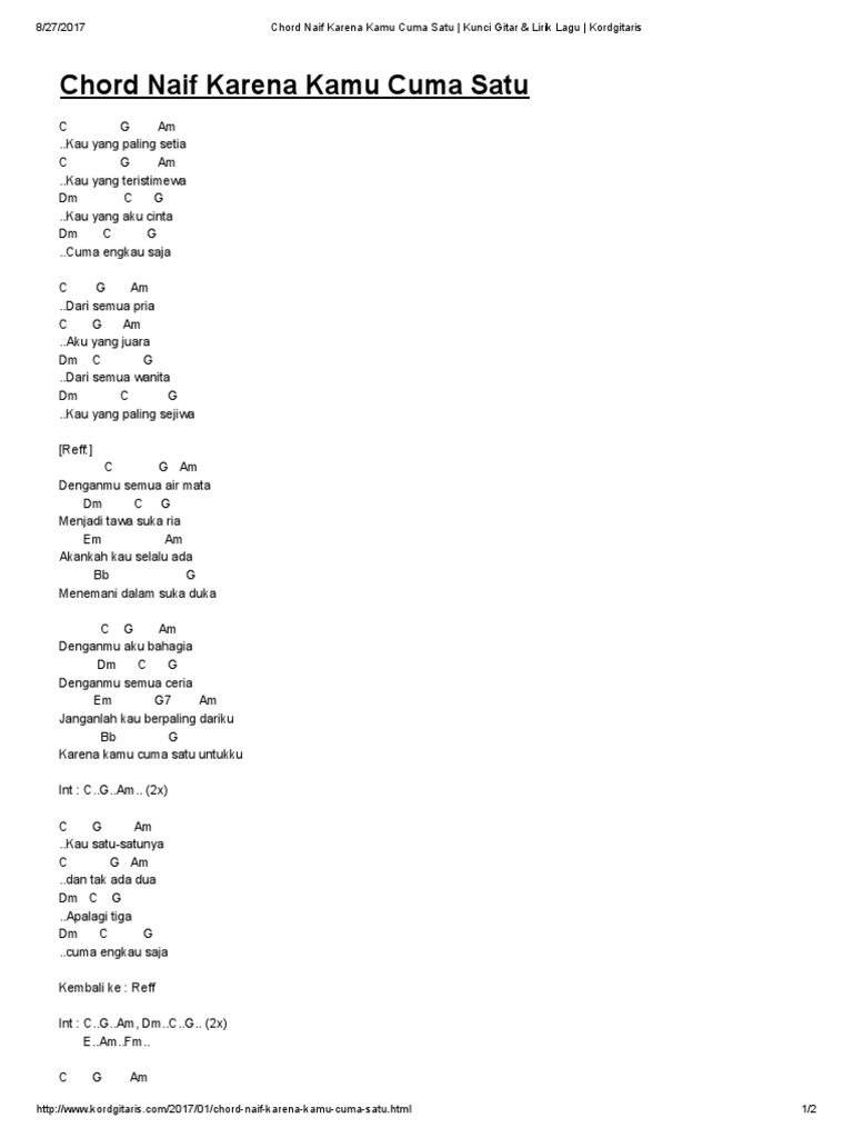 Chord Naif Karena Kamu Cuma Satu - Kunci Gitar & Lirik Lagu ...