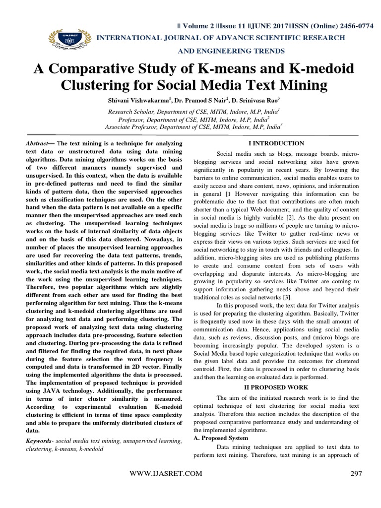 A Comparative Study of K-Means and K-Medoid Clustering For Social Media Text Mining | PDF ...