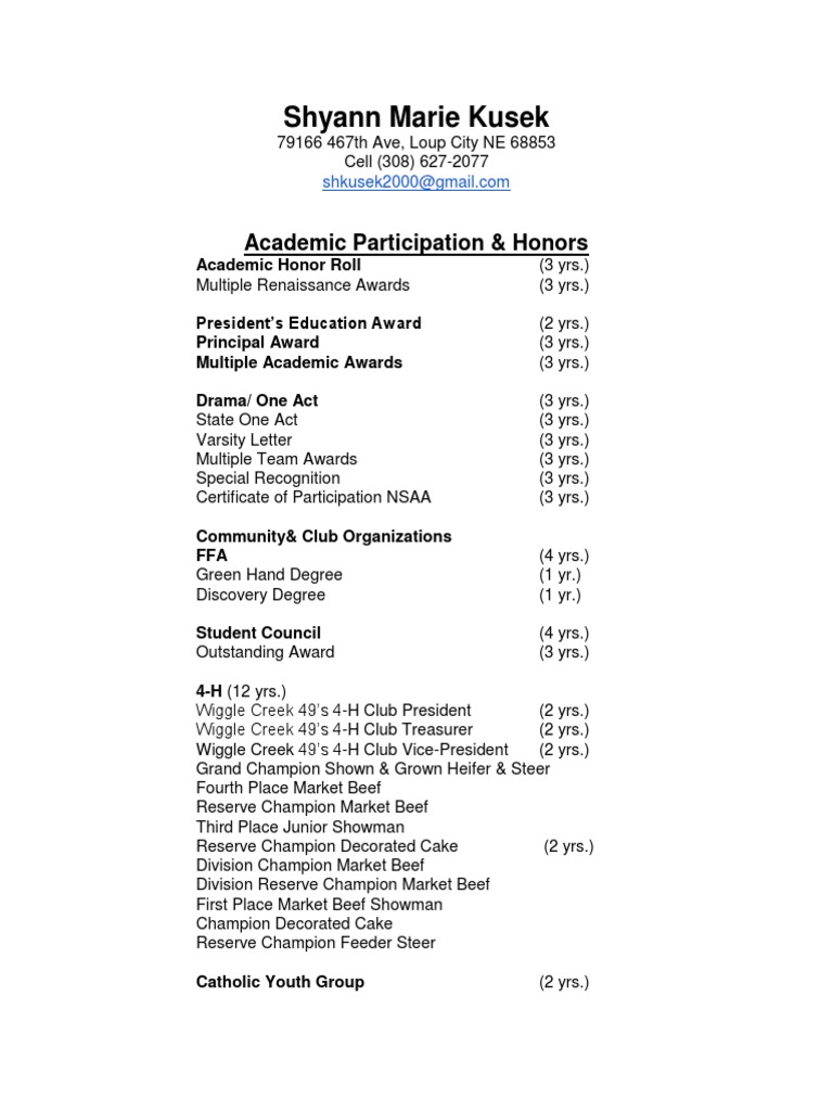 Shyann Marie Kusek: Academic Participation & Honors | PDF | Sports ...