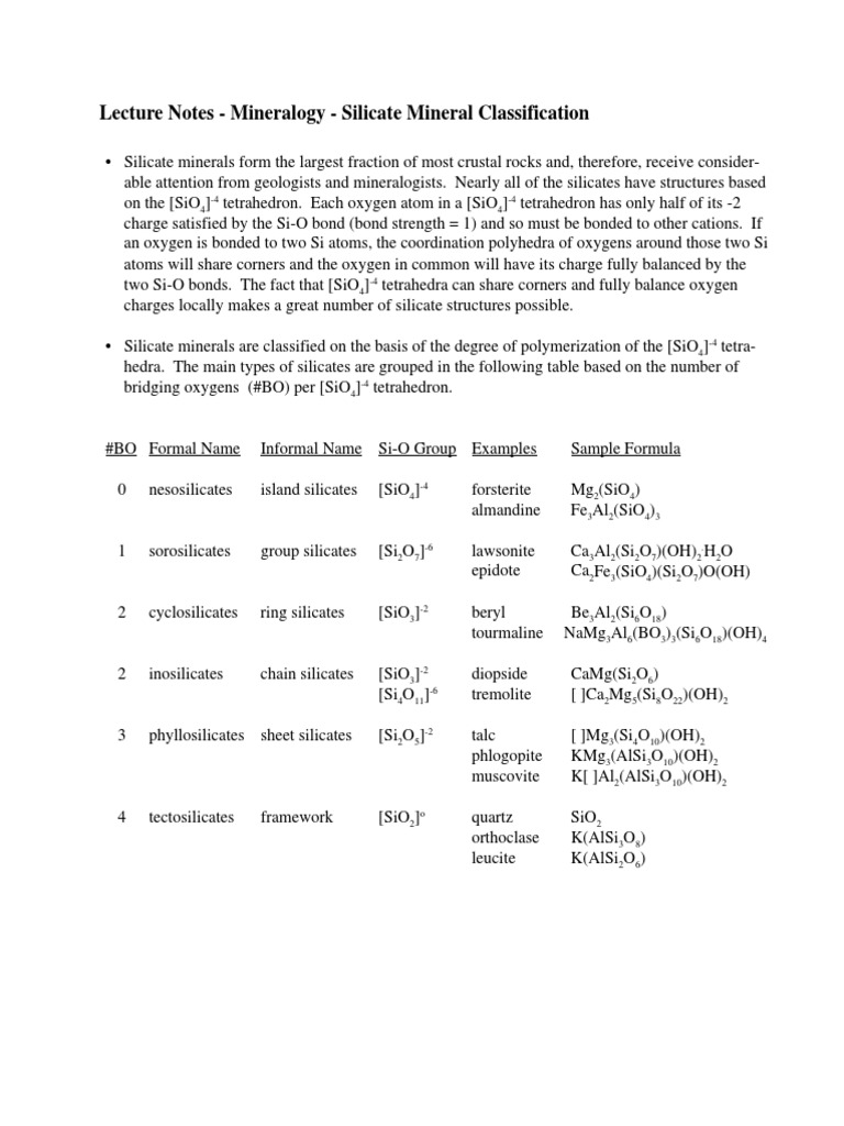 Lecture Notes Mineralogy Silicate Mineral Classification Pdf