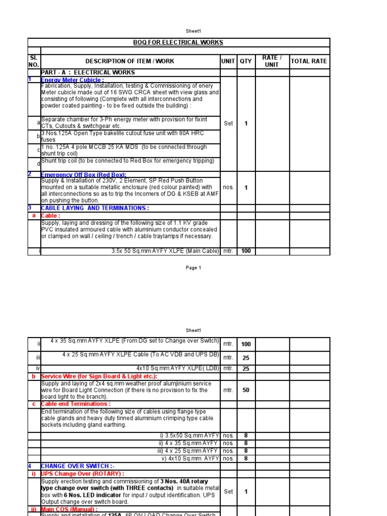 Boq For Electrical Works Description of Item / Work Unit Qty Total Rate ...