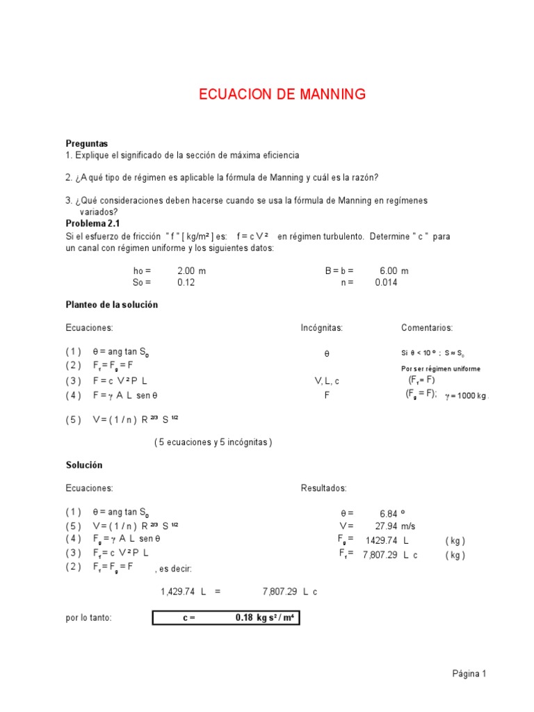 Ecuacion de Manning | PDF | Ecuaciones | Álgebra