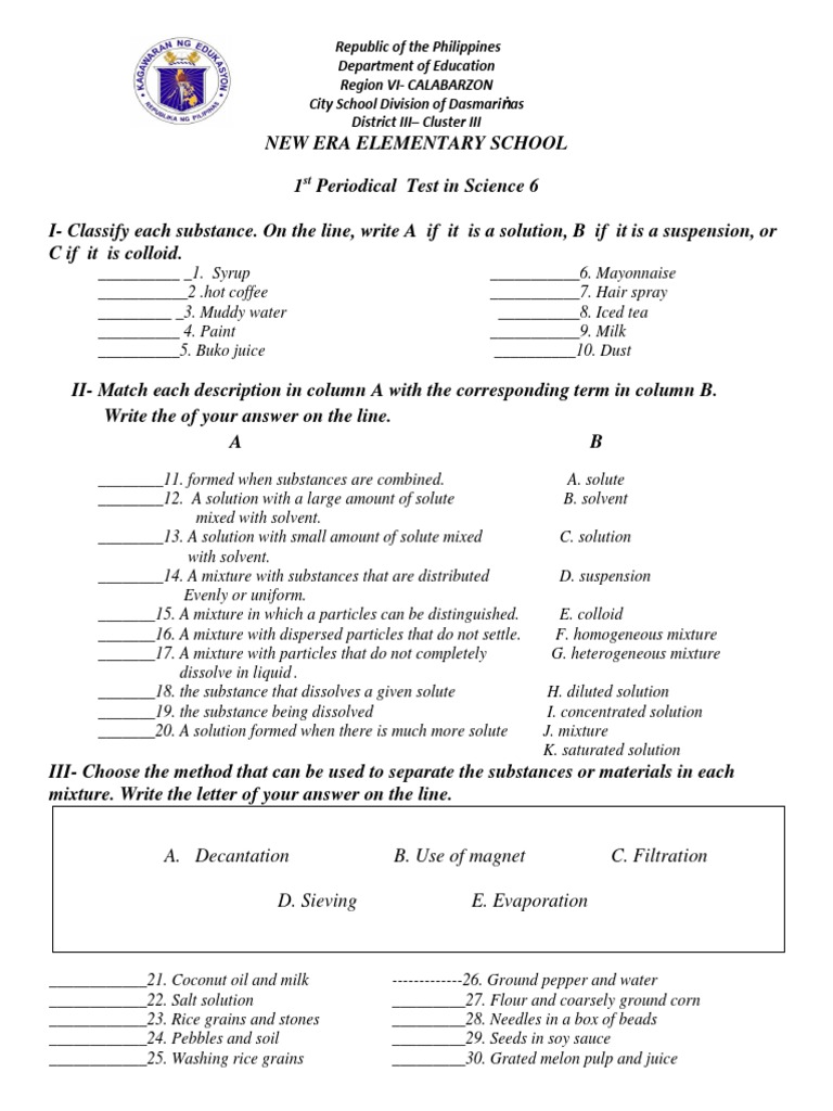 Grade 6 Science 1st Periodical Test | PDF | Solution | Mixture