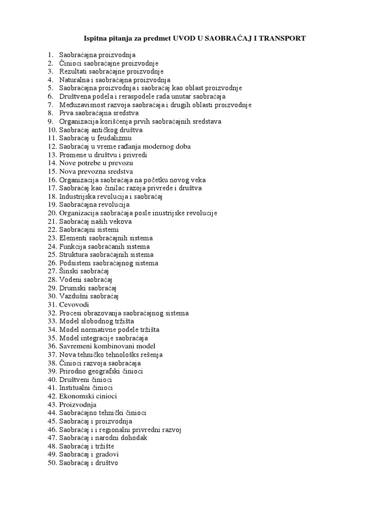 Ispitna Pitanja Za Predmet UVOD U SAOBRAĆAJ I TRANSPORT | PDF