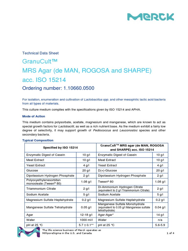 Ficha Tecnica MRS Agar | PDF | Growth Medium | Lactobacillus