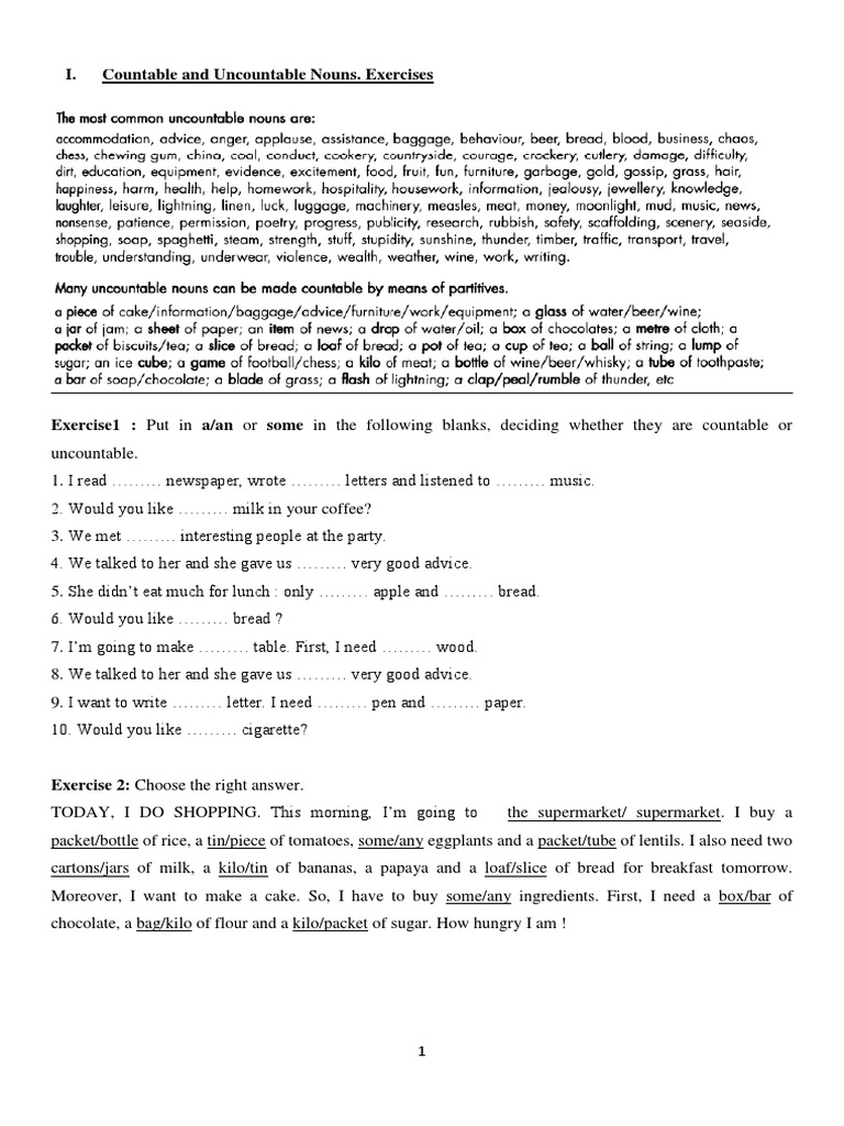 Countable and Uncountable Nouns Exercises | PDF | English Language | Foods