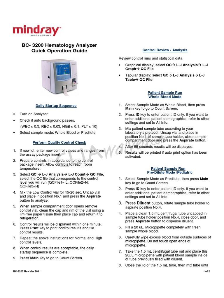 BC-3200 Hematology Analyzer Quick Operation Guide: Control Review ...
