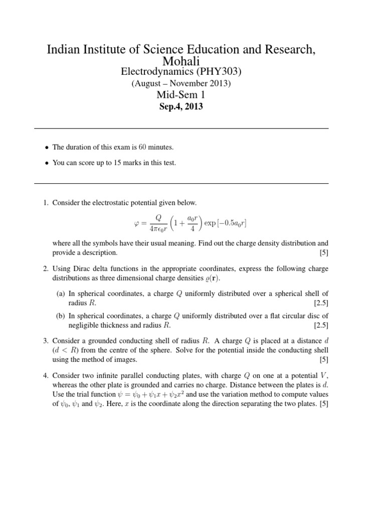 Indian Institute of Science Education and Research, Mohali: Electrodynamics (PHY303) Mid-Sem 1 ...